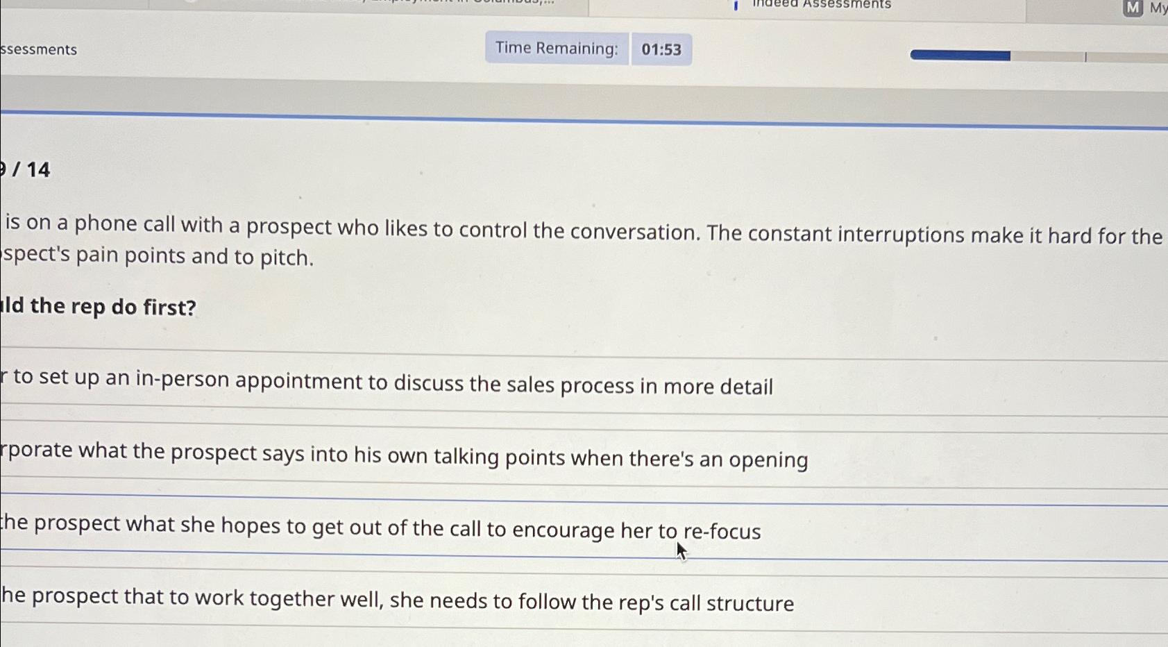 Solved ssessmentsTime Remaining:01:5314is on a phone call | Chegg.com