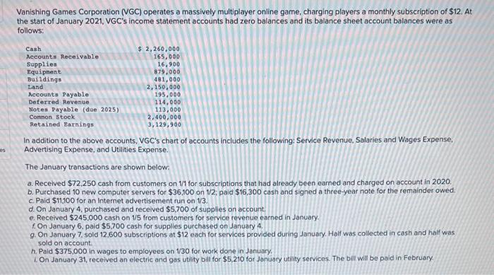 Solved Vanishing Games Corporation (VGC) operates a | Chegg.com