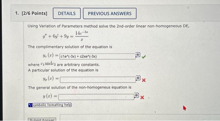 Solved Using Variation of Parameters method solve the | Chegg.com