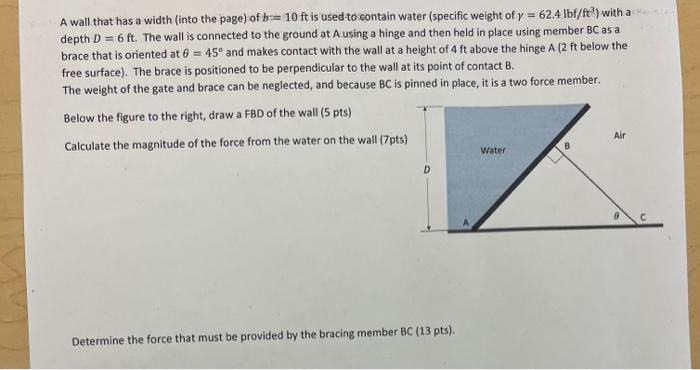Solved A wall that has a width (into the page) of b:=10ft is | Chegg.com