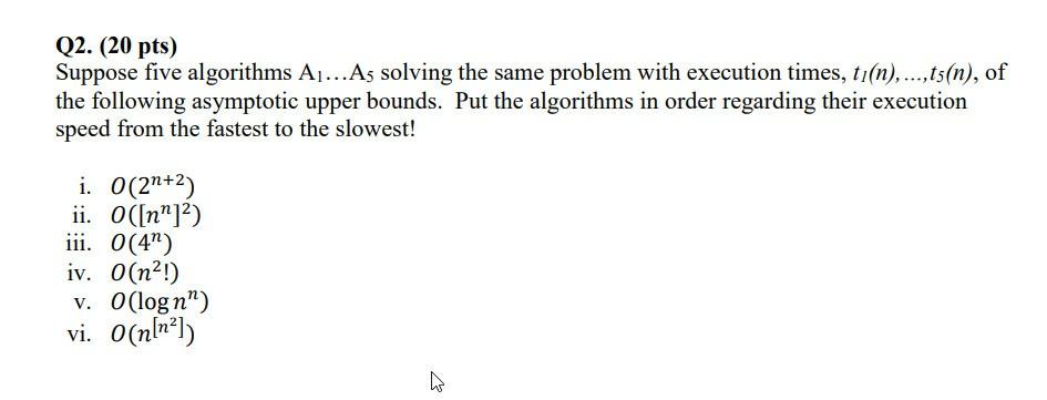 Solved Q2. (20 pts) Suppose five algorithms A ...As solving | Chegg.com