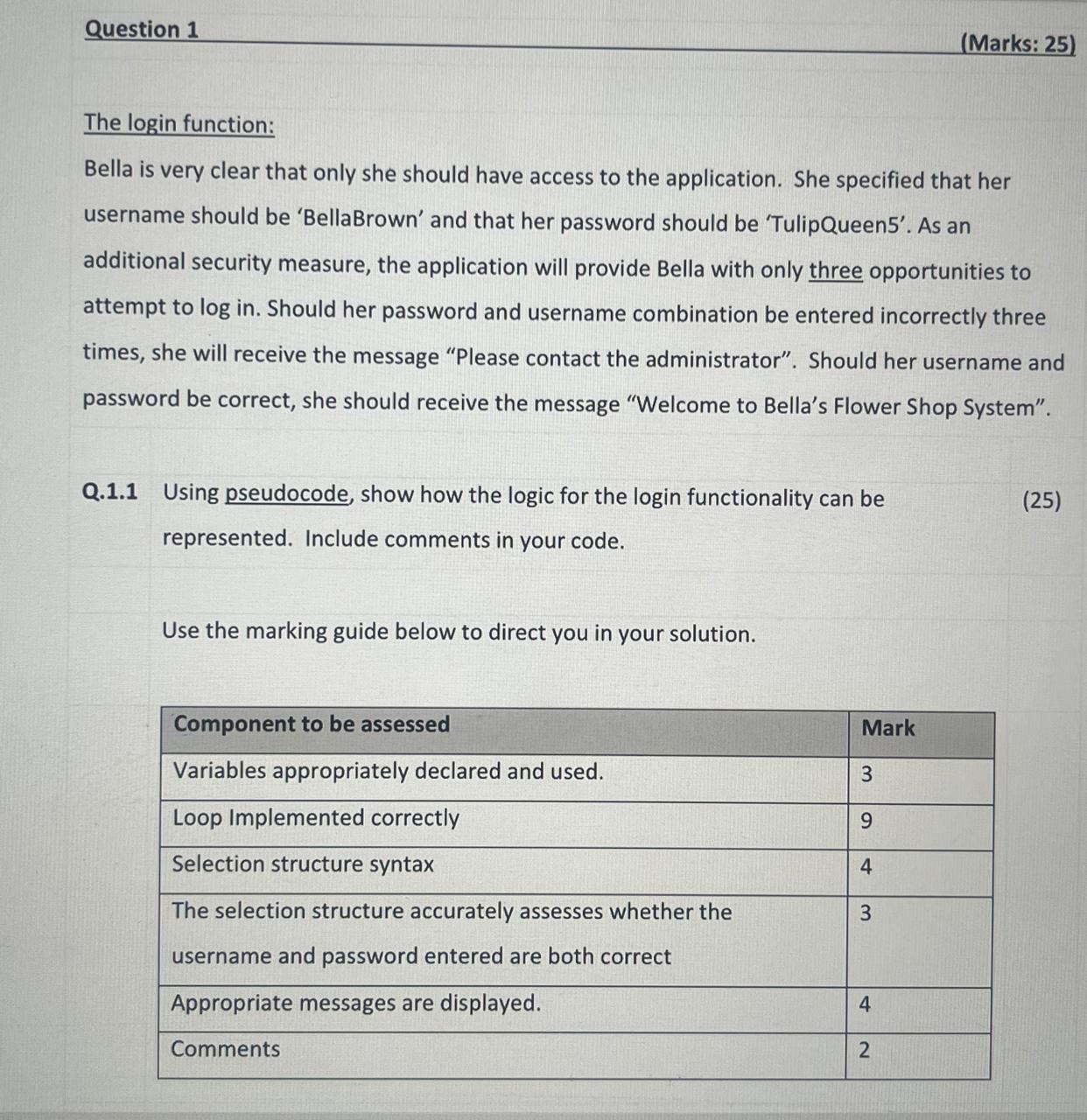 Solved Question 1(Marks: 25 )The login function:Bella is | Chegg.com