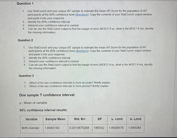 Solved 1. Use StatCrunch and your unique IAT sample to | Chegg.com