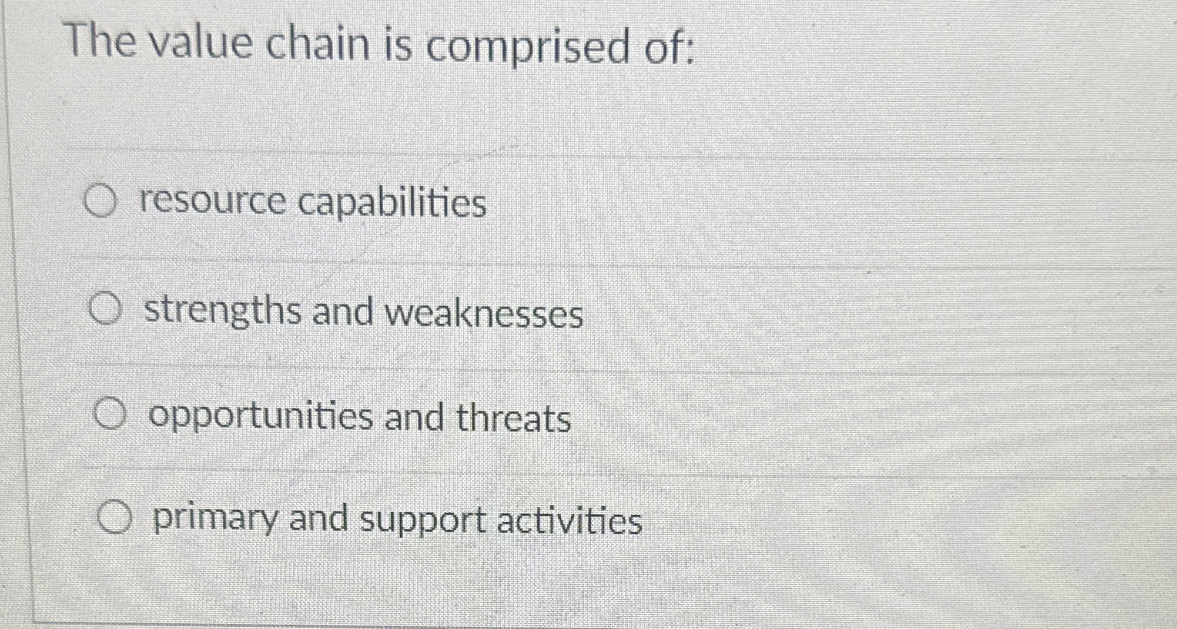 Solved The value chain is comprised of:resource | Chegg.com