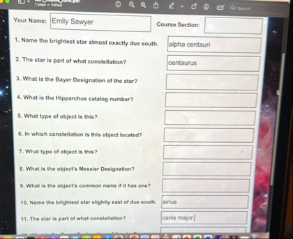 Solved Your Name:Course Section:Name the brightest star | Chegg.com