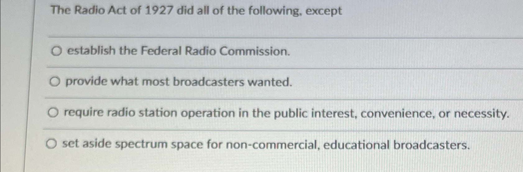 Solved The Radio Act of 1927 ﻿did all of the following, | Chegg.com