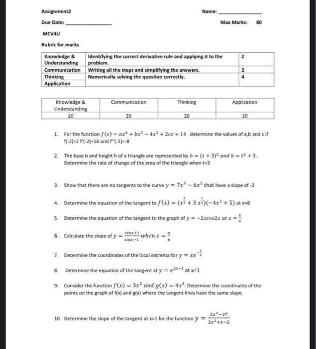 Solved Assignment2 Due Date: MCV4U Rubric for marks | Chegg.com