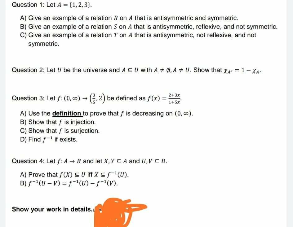 Solved Question 1: Let A = {1, 2, 3). A) Give an example of | Chegg.com