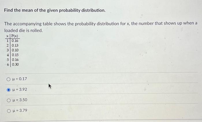 Solved Find the mean of the given probability distribution. | Chegg.com