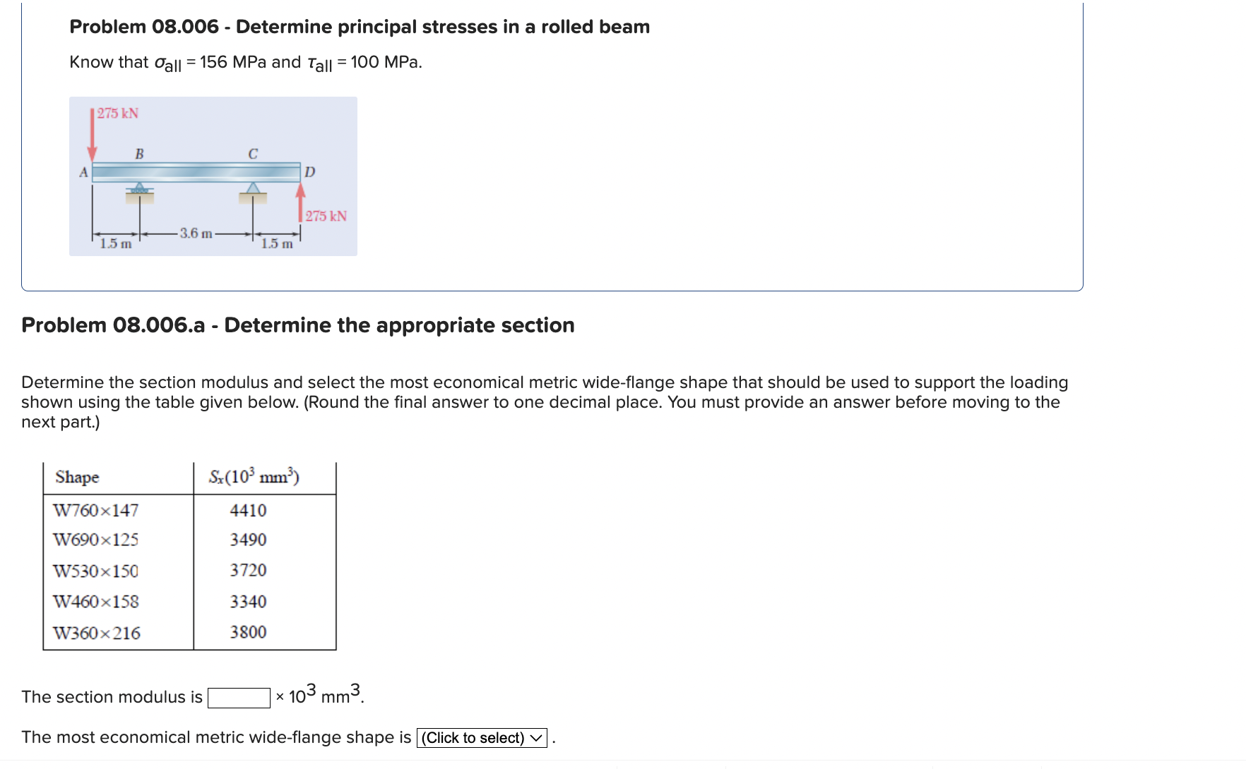 Solved Problem 08.006.a - ﻿Determine the appropriate section | Chegg.com
