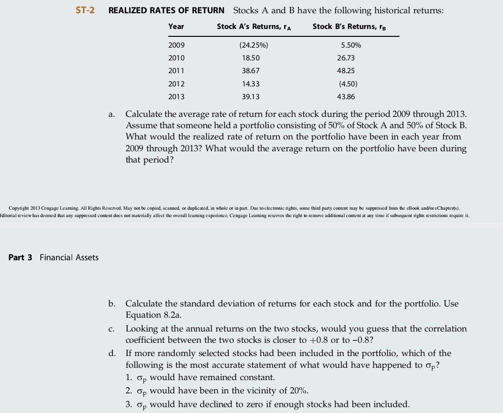 Solved ST-2 REALIZED RATES OF RETURN Stocks A and B have the | Chegg.com