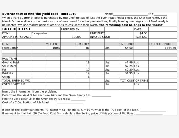 Solved Butcher test to find the yield cost HRM 1016 Name St. | Chegg.com