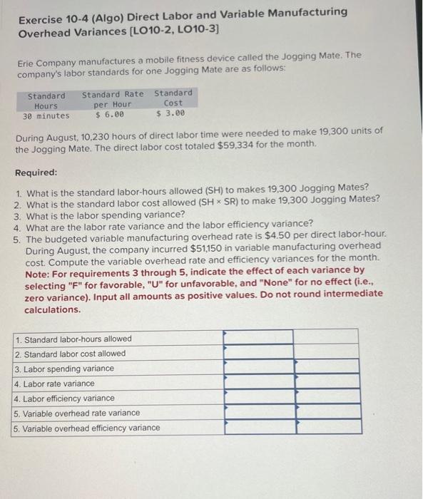 Solved Exercise 10-4 (Algo) Direct Labor and Variable | Chegg.com