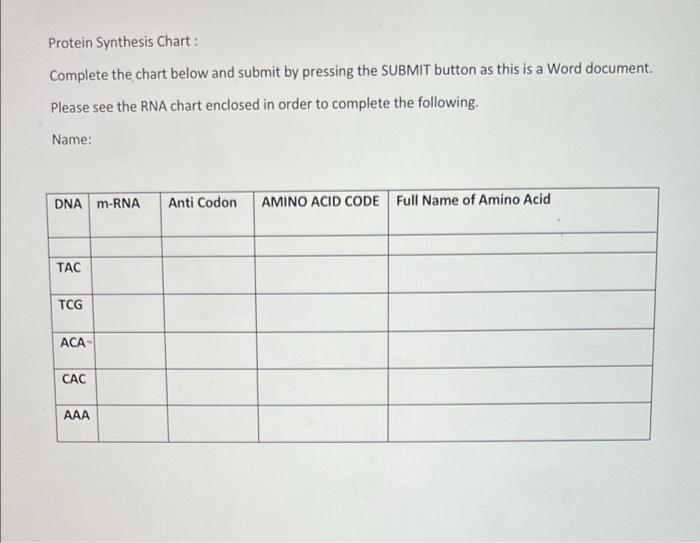 Solved Protein Synthesis Chart: Complete the chart below and | Chegg.com