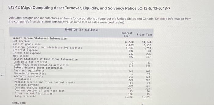 Solved E13-12 (Algo) Computing Asset Turnover, Liquidity, | Chegg.com