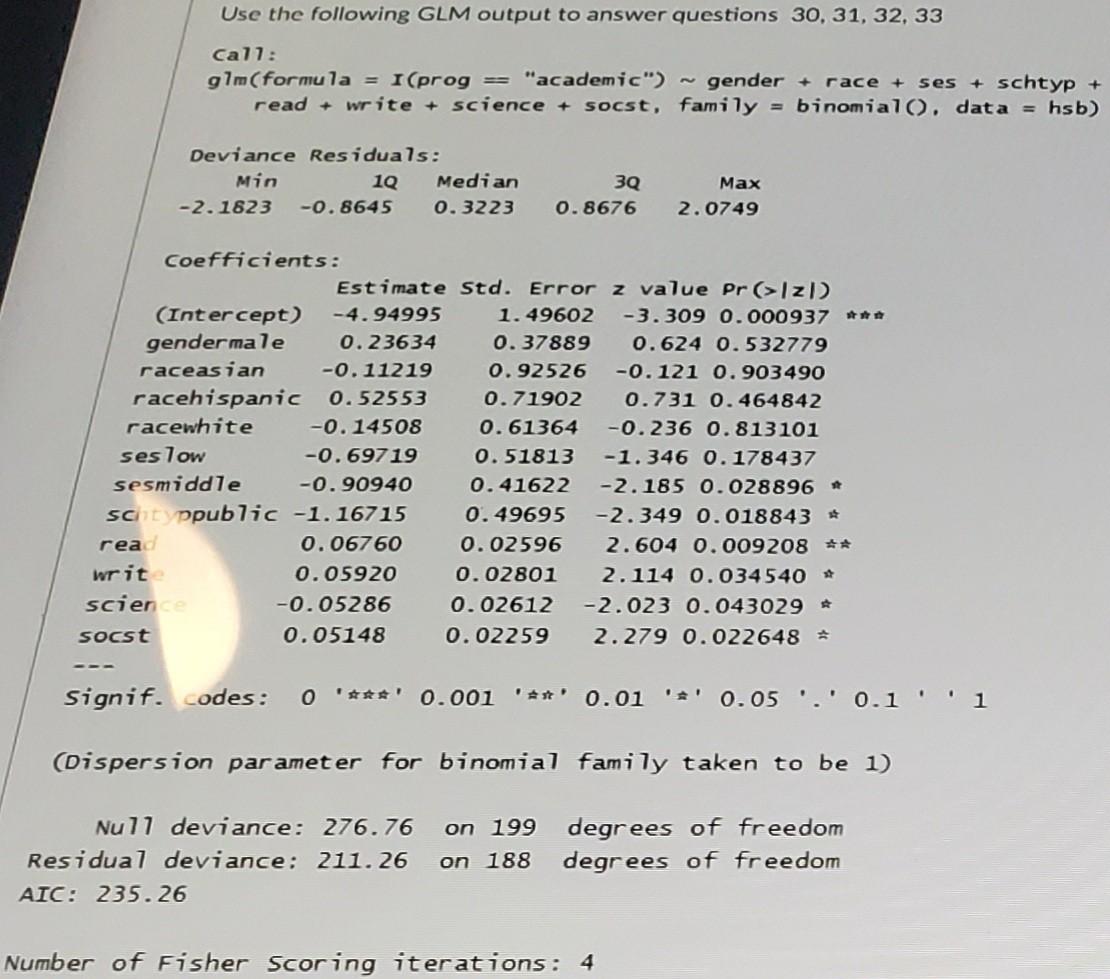 Solved Use the following GLM output to answer questions 30, | Chegg.com