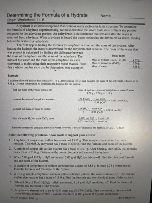 Experiment 5 Formula of a Hydrated Salt Objectives 1. | Chegg.com