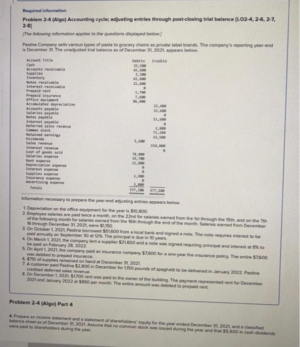 Solved Required information Problem 2-4 (Algo) Accounting | Chegg.com