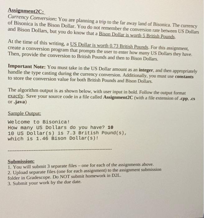 Solved Assignment2C: Currency Conversion: You are planning a | Chegg.com