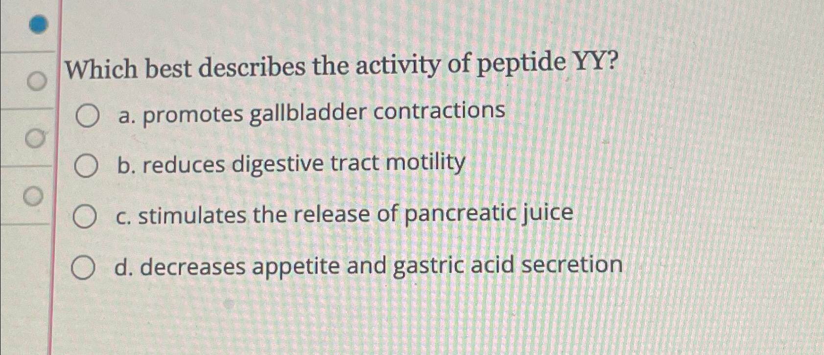 Solved Which best describes the activity of peptide YY?a. | Chegg.com