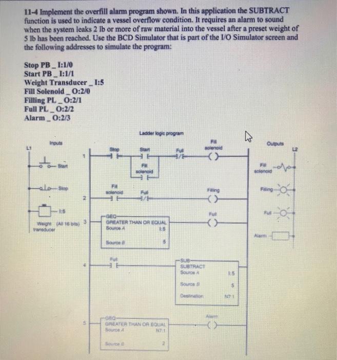 Solved 11-4 Implement the overfill alarm program shown. In | Chegg.com