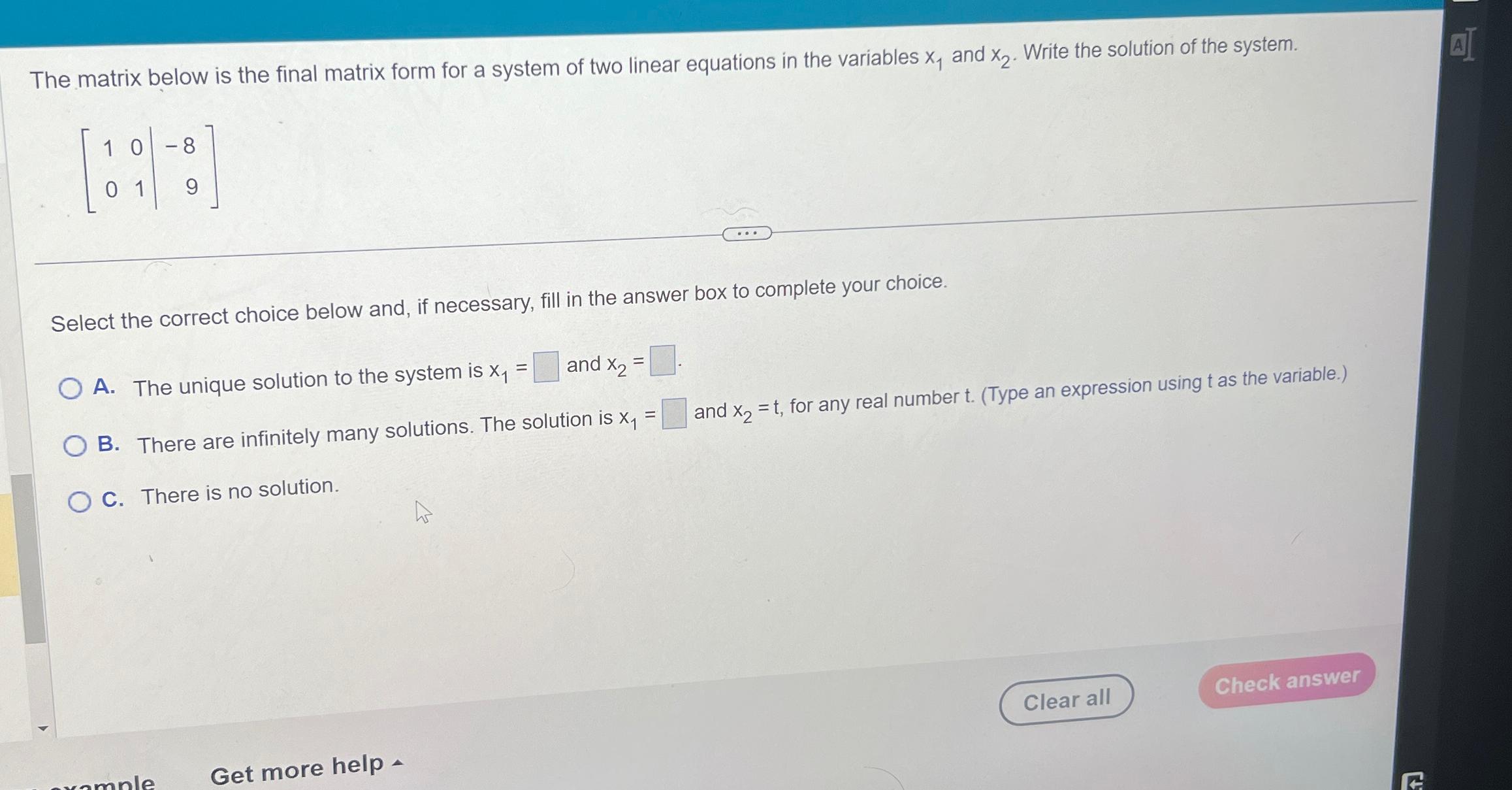 Solved The matrix below is the final matrix form for a | Chegg.com
