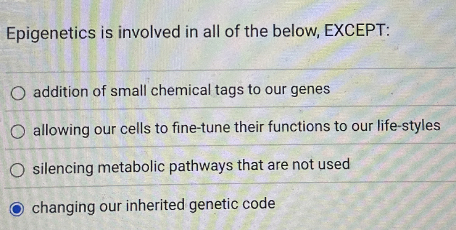 Solved Epigenetics is involved in all of the below, | Chegg.com
