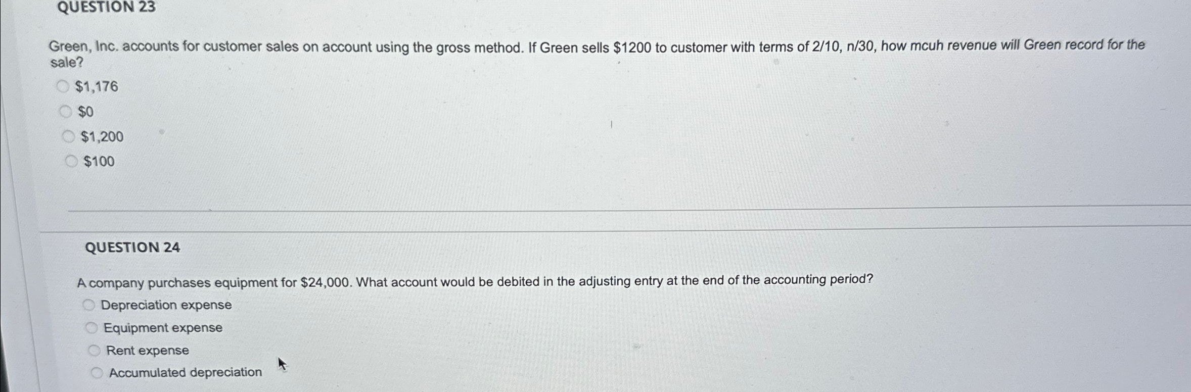 Solved QUESTION 23Green, Inc. accounts for customer sales on | Chegg.com
