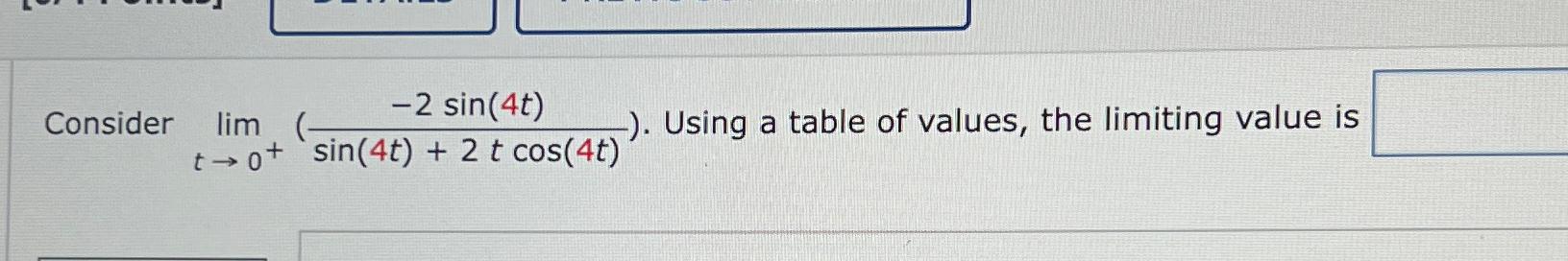Solved Consider limt→0+(-2sin(4t)sin(4t)+2tcos(4t)). ﻿Using | Chegg.com