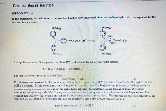 Solved CRYSTAL VIOLET KINETICS INTRODUCTION In this | Chegg.com