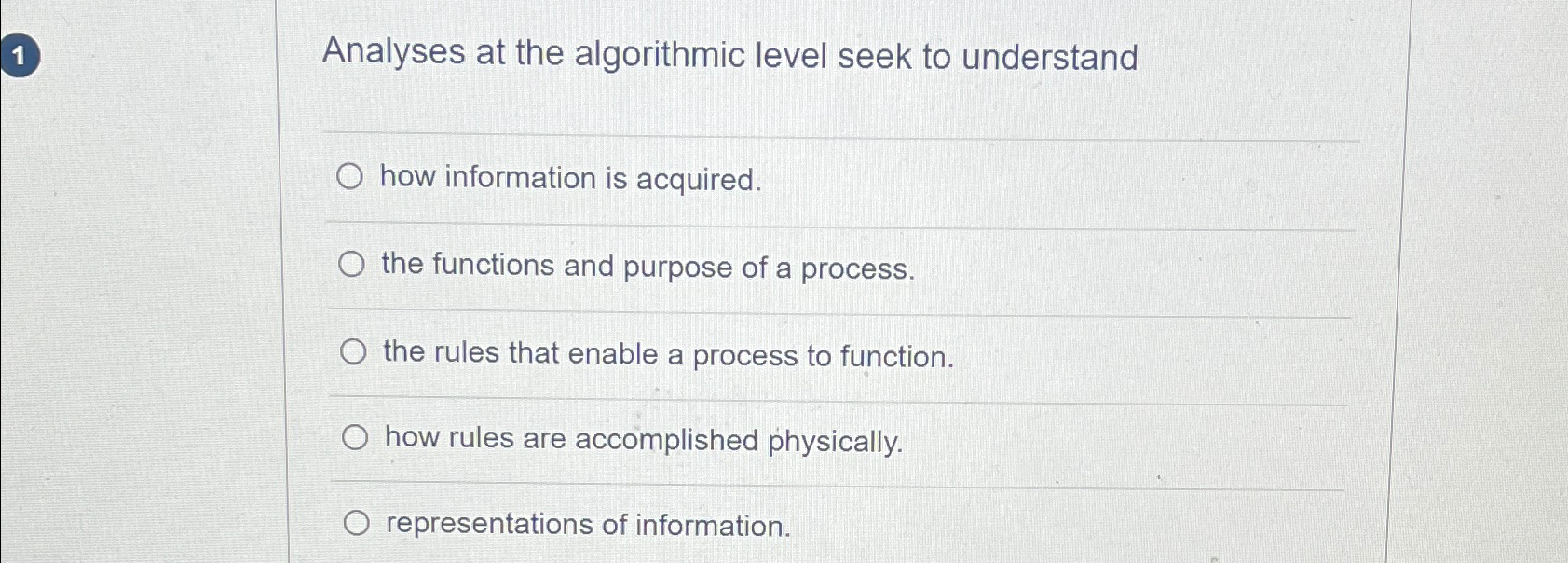 Solved 1Analyses at the algorithmic level seek to | Chegg.com
