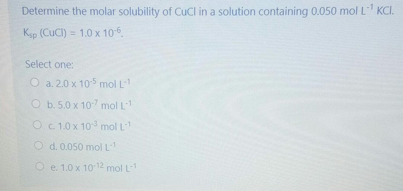 Solved Determine the molar solubility of CuCl in a solution | Chegg.com