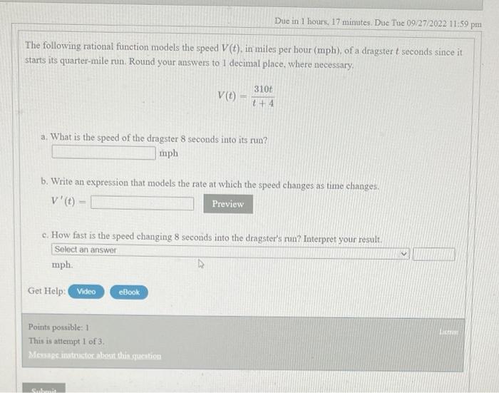 Solved The following rational function models the speed | Chegg.com