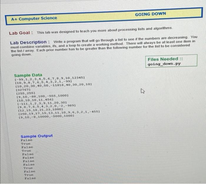 Solved GOING DOWN A+ Computer Science Lab Goal: This lab was | Chegg.com