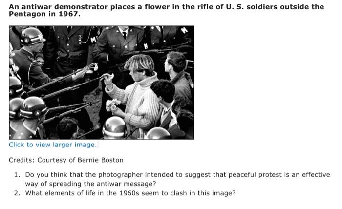 An antiwar demonstrator places a flower in the rifle | Chegg.com
