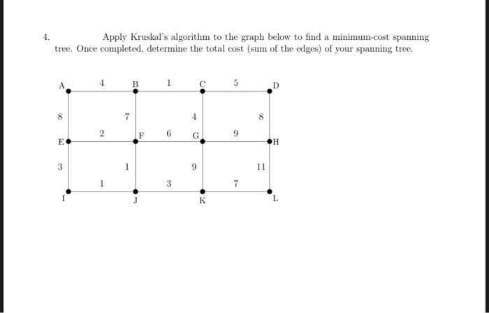 Solved 4. Apply Kruskal's algorithm to the graph below to | Chegg.com