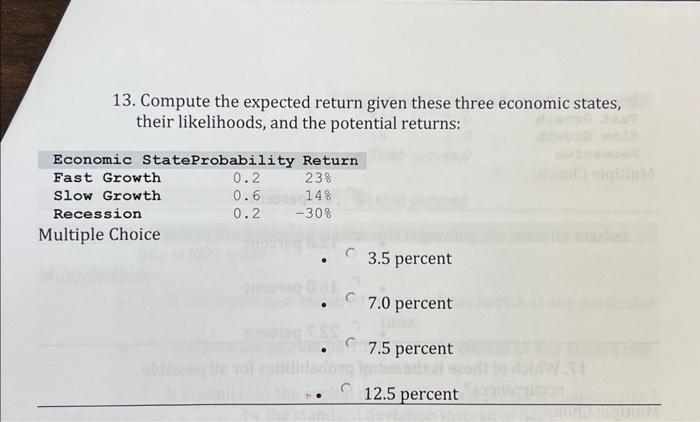 Solved 13. Compute the expected return given these three | Chegg.com