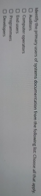 Solved Identify the primary users of systems documentation | Chegg.com