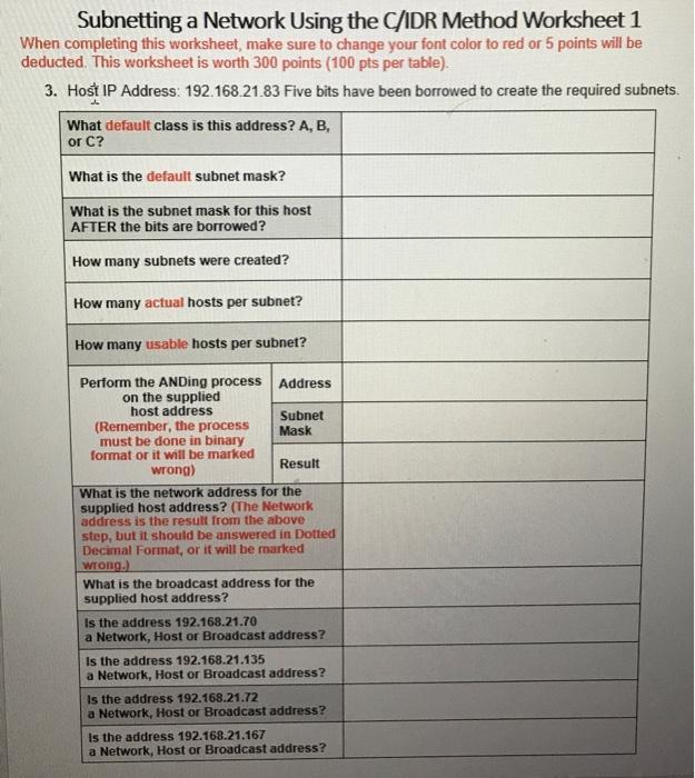 Solved Subnetting a Network Using the C/IDR Method Worksheet | Chegg.com Solved Subnetting a Network Using the C/IDR Method Worksheet | Chegg.com