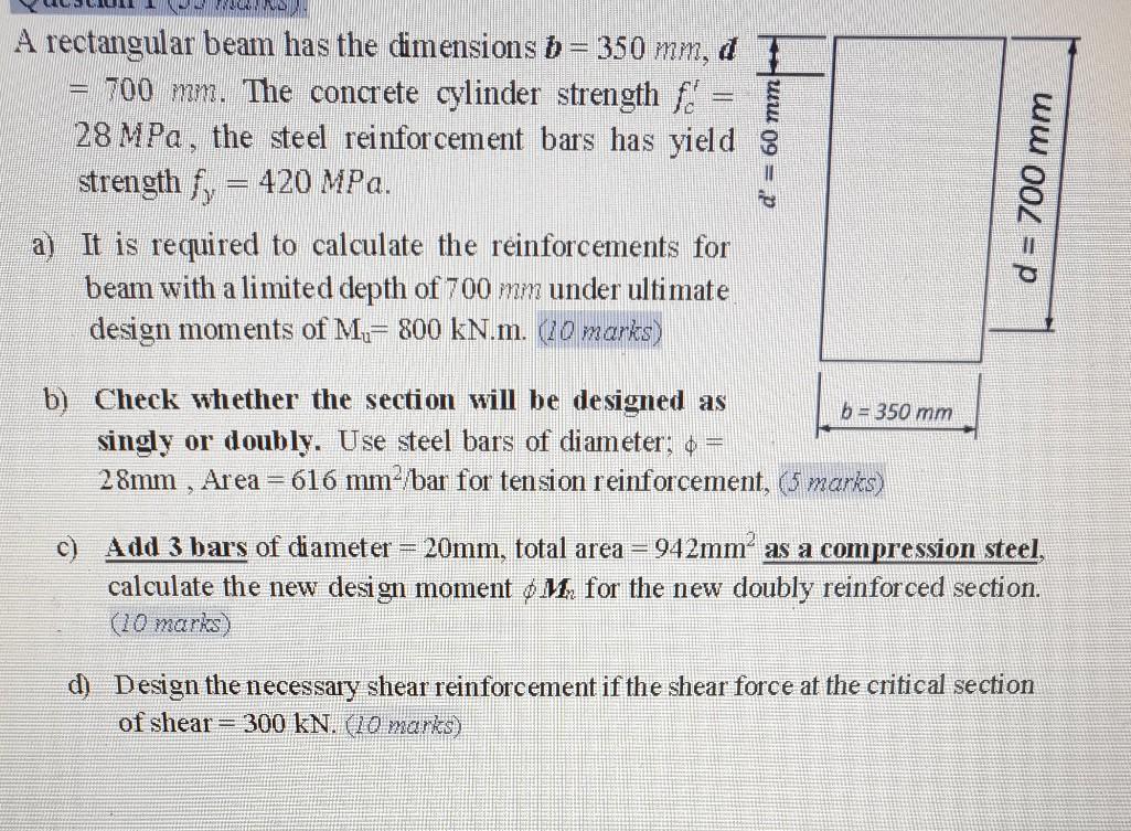 Solved A rectangular beam has the dimensions b= 350 mm, d 1 | Chegg.com