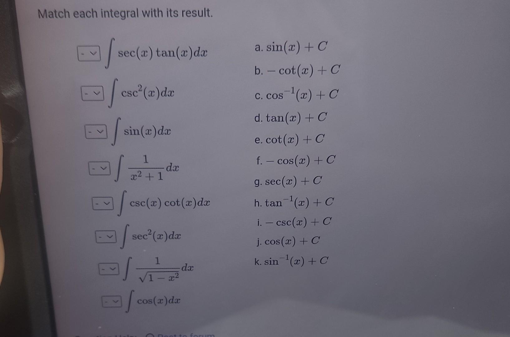 Solved Match each integral with its result. | Chegg.com