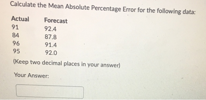 Solved Calculate the Mean Absolute Percentage Error for the | Chegg.com
