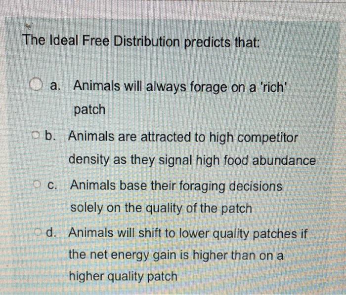 Solved The Ideal Free Distribution predicts that: a. Animals | Chegg.com