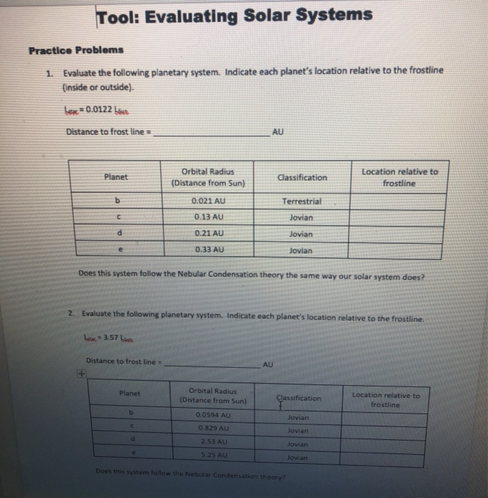 Solved Tool: Evaluating Solar Systems Practice Problems 1. | Chegg.com