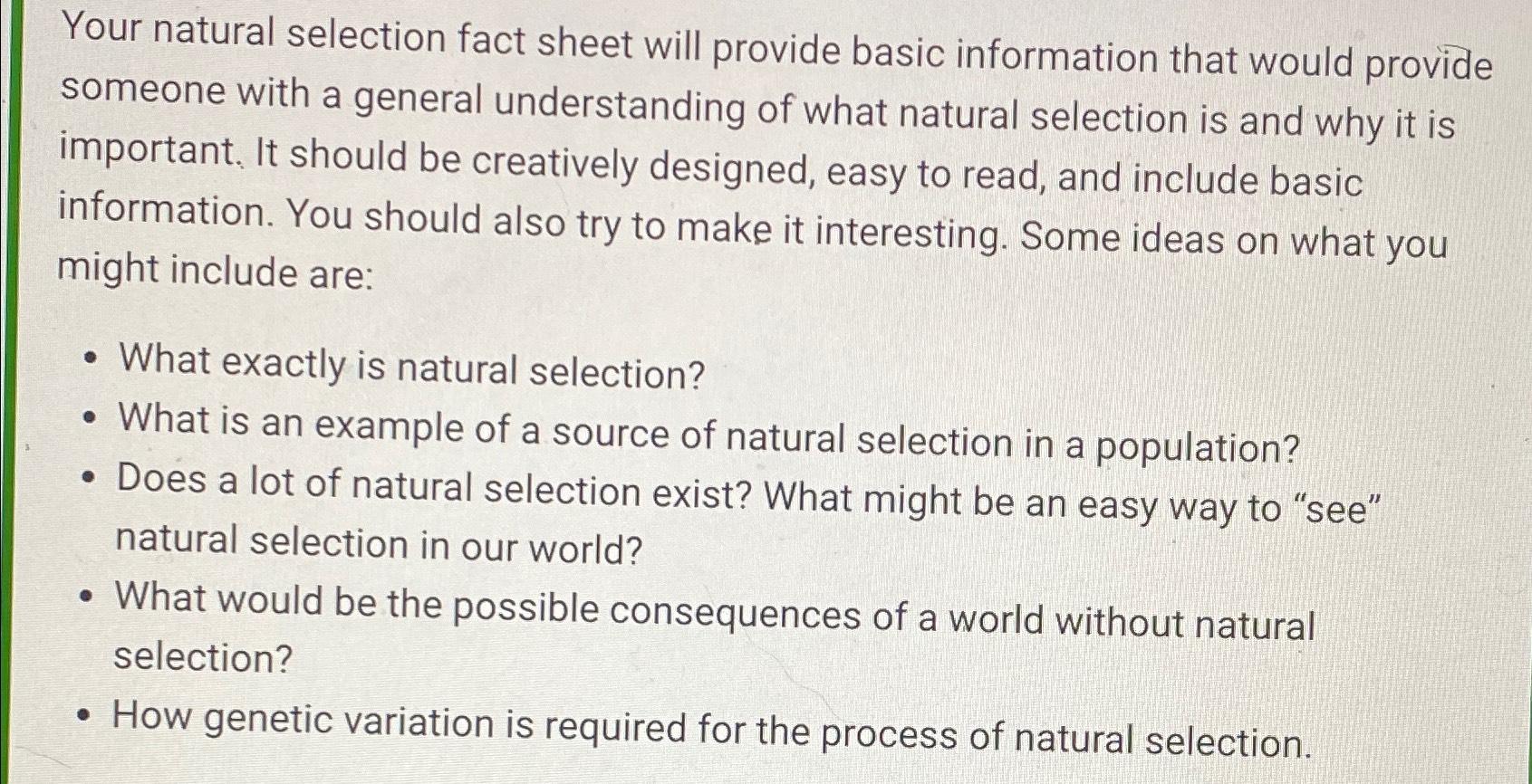 Solved Your natural selection fact sheet will provide basic | Chegg.com