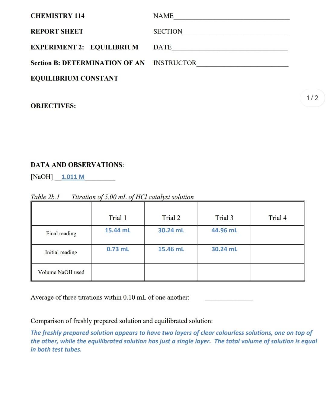 Table 2b.2 Titration of 10.00 mL samples of | Chegg.com