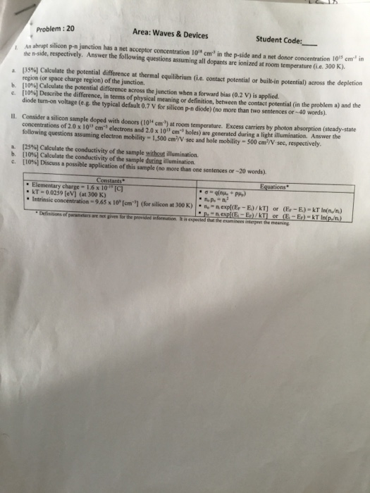 Solved Problem : 20 Area: Waves & Devices Student Code: An | Chegg.com