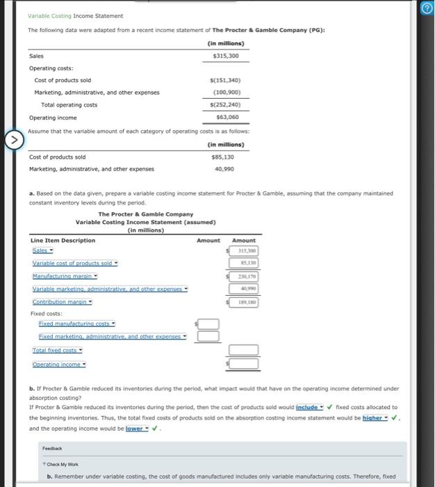 Solved Variable Costing Income Statement The Following Data