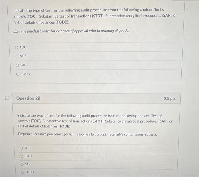 Solved Indicate the type of test for the following audit | Chegg.com