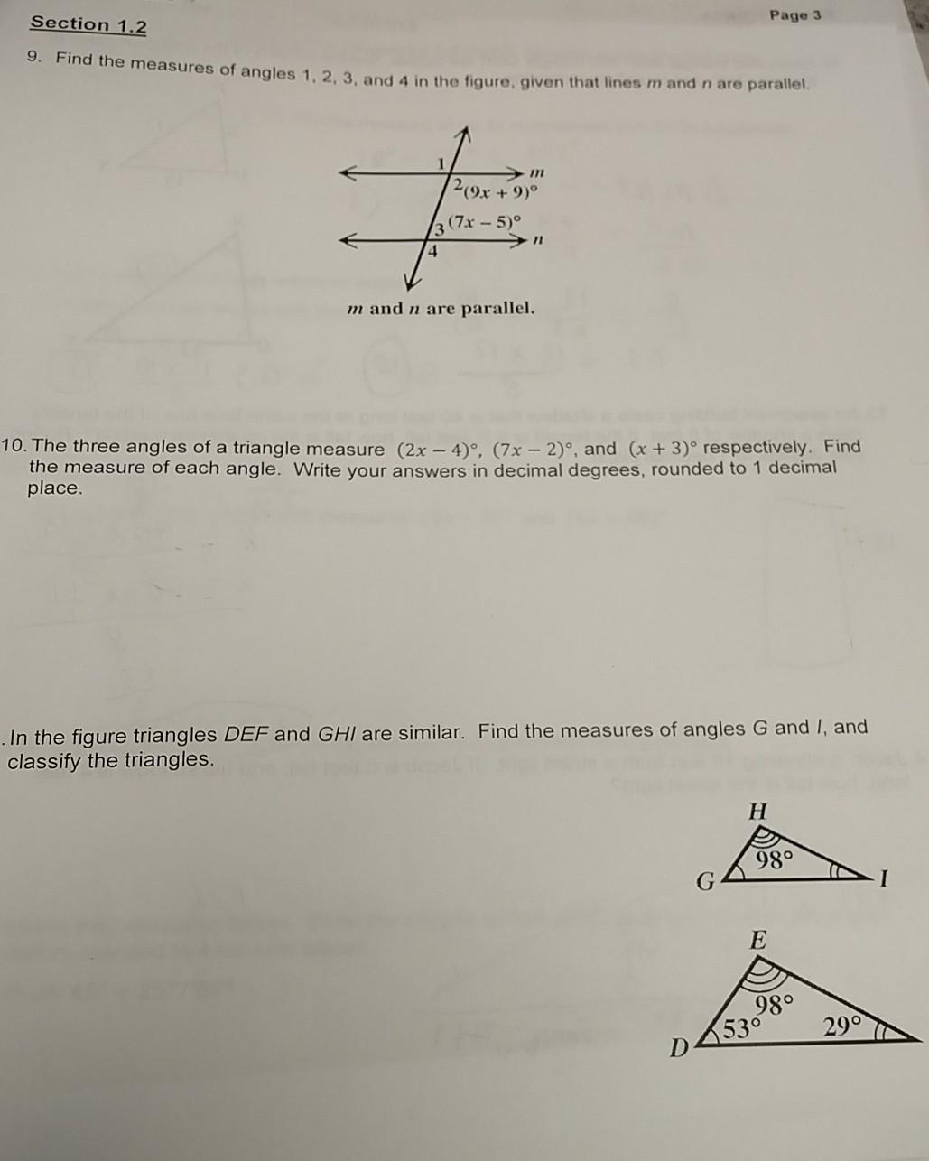 Solved Section 1.2 Page 3 9. Find the measures of angles 1, | Chegg.com